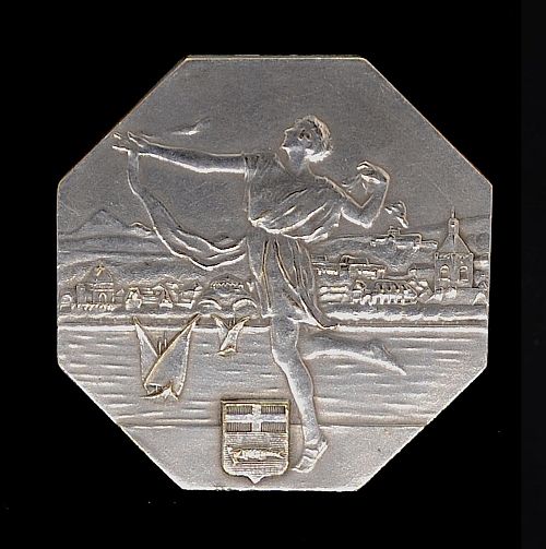 Womens' gymnastics competition silvered bronze octagonal boxed medal ...